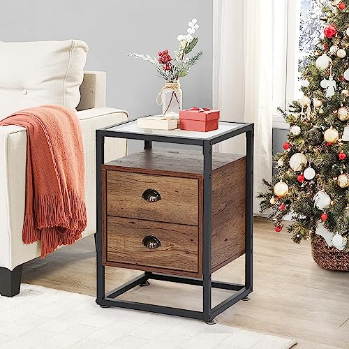 VECELO End Table, Modern Nightstand with Drawer, Night Stand Set of 2 for Bedroom Living Room,Tempered Glass, Brown/2pcs