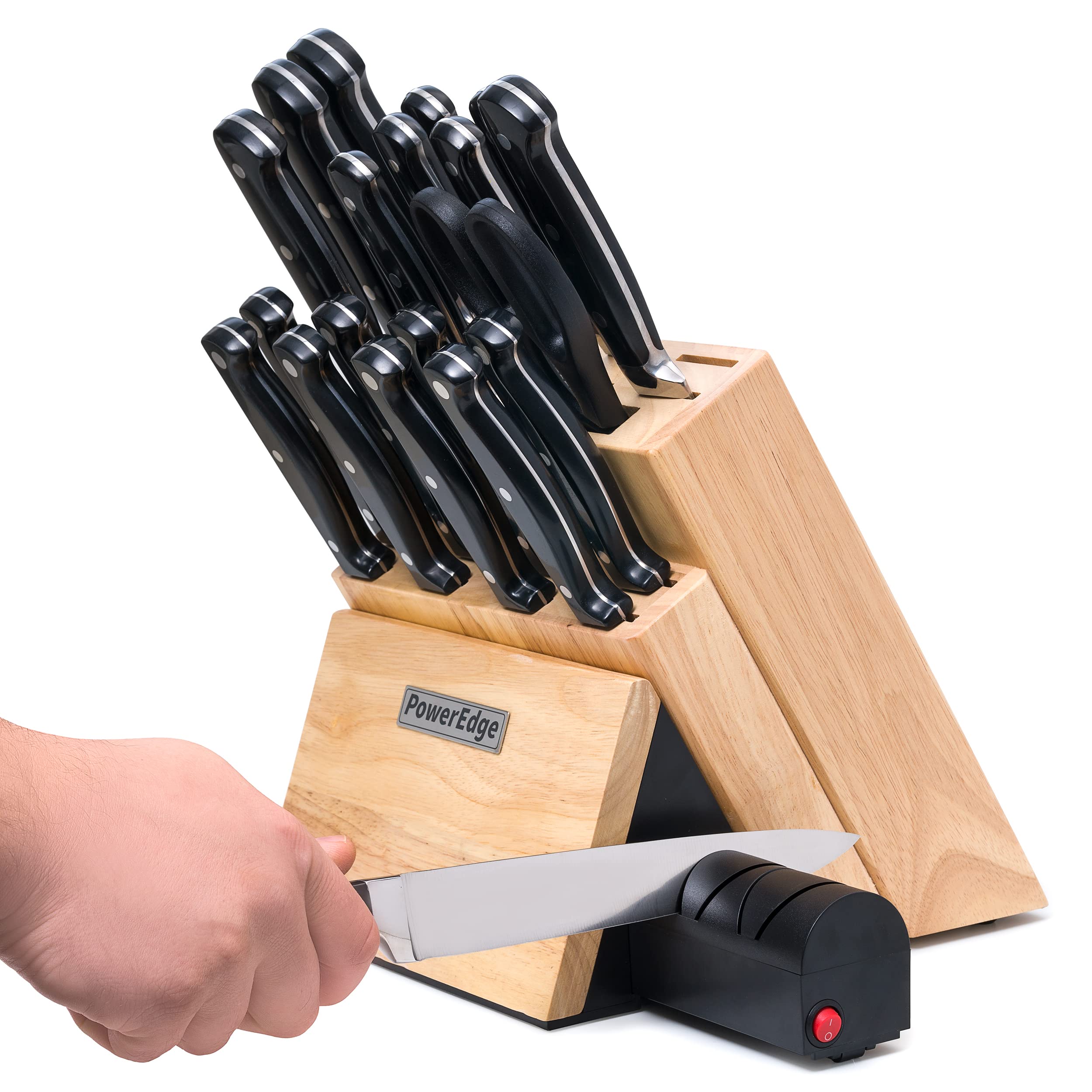 Everyday Solutions PowerEdge 20 Piece Knife Block Set - Razor Sharp Forged German Steel Blades - Multi-Piece Kitchen Knife Set with Wooden Block and Built-In Electric Sharpener - Dishwasher Safe