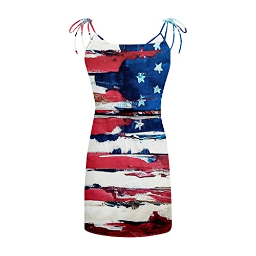 Dressy Women Summer Dress Independence Day Print Striped Spaghetti Strap Mini Beach with Pocket Shirt Maxi Red