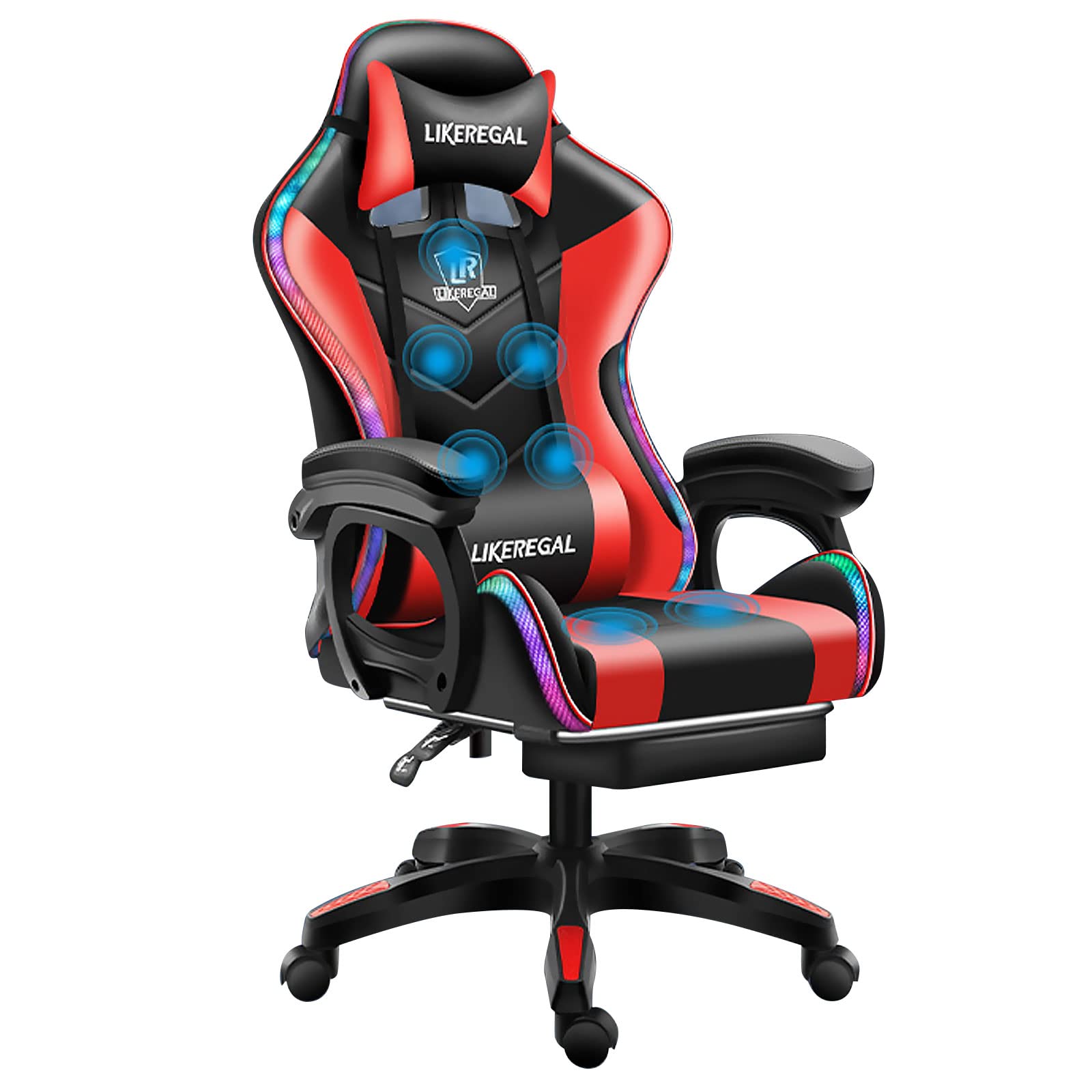 Floor Gaming Chair-135°Reclining Adjustment Gaming Chairs for Adults, with Massager Lumbar Support and Telescopic Footrest Ergonomic Office Chair, Race Game Chair (Black red)