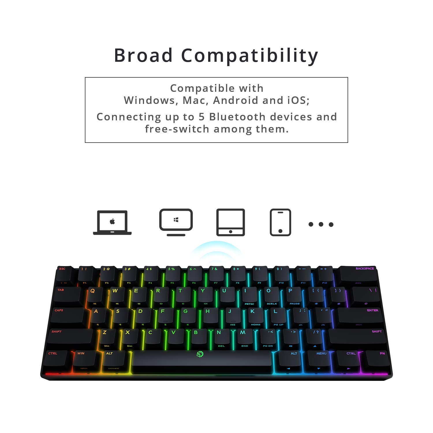 DREVO Seer MAX 60% Triple Mode Wireless Bluetooth 5.1/2.4G/ USB-C RGB Backlit Mechanical Keyboard, Ultra Compact Gateron Switch Brown Switch, Black