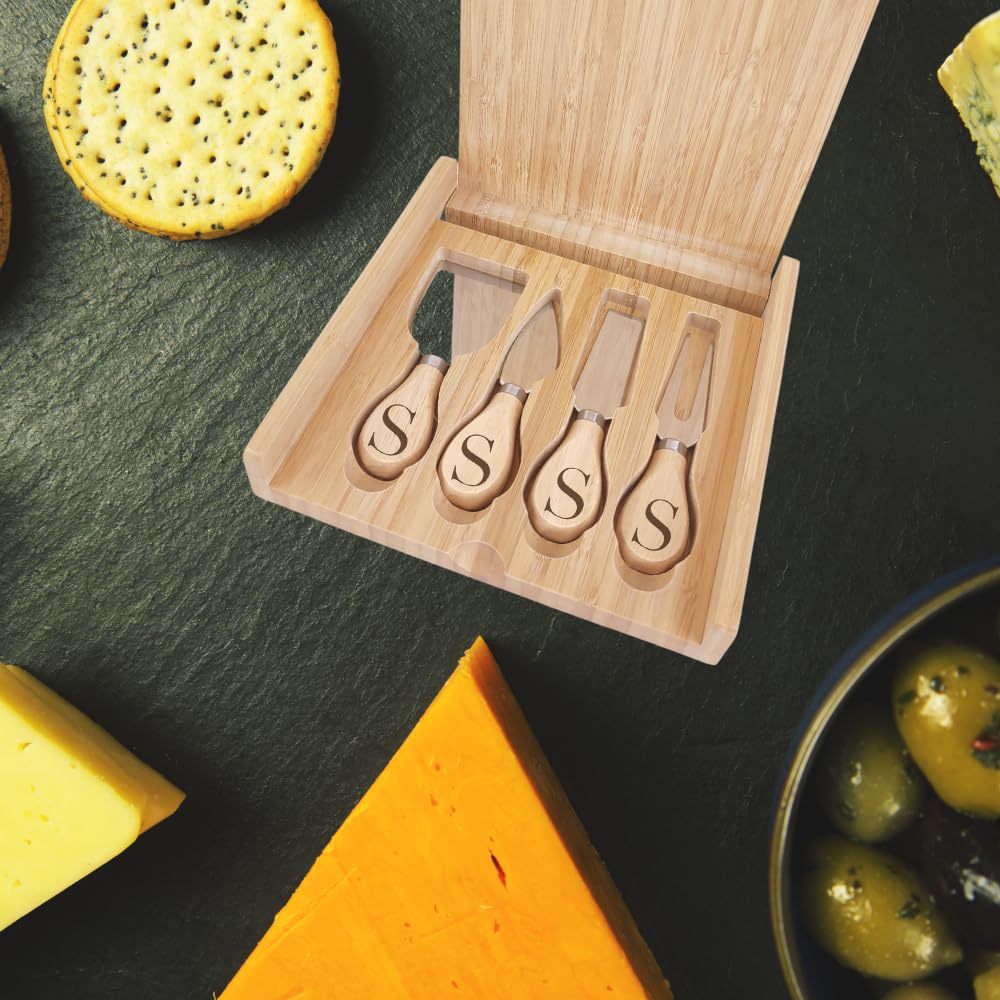 Cre8tive Motifs 5 Piece Cheese Knife Set, 8 Inch Charcuterie Board, Personalized Cutting Board, Customized Wedding Gift, Anniversary Gift for Her, Engraved Knife (Case Engraving Only)