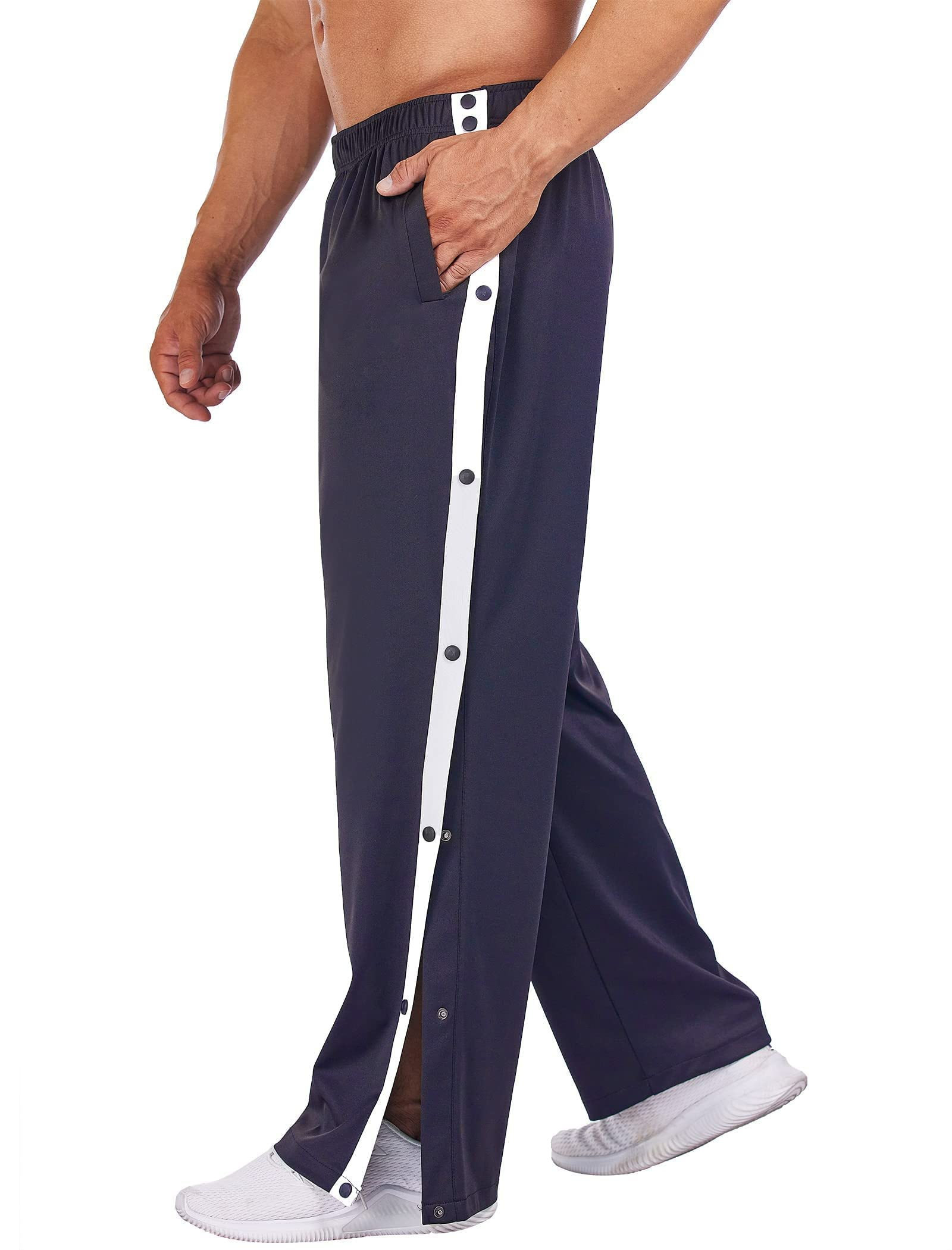 Deyeek Men's Tear Away Basketball Pants High Split Snap Button Casual Post-surgery Sweatpants with Pockets Navy Blue