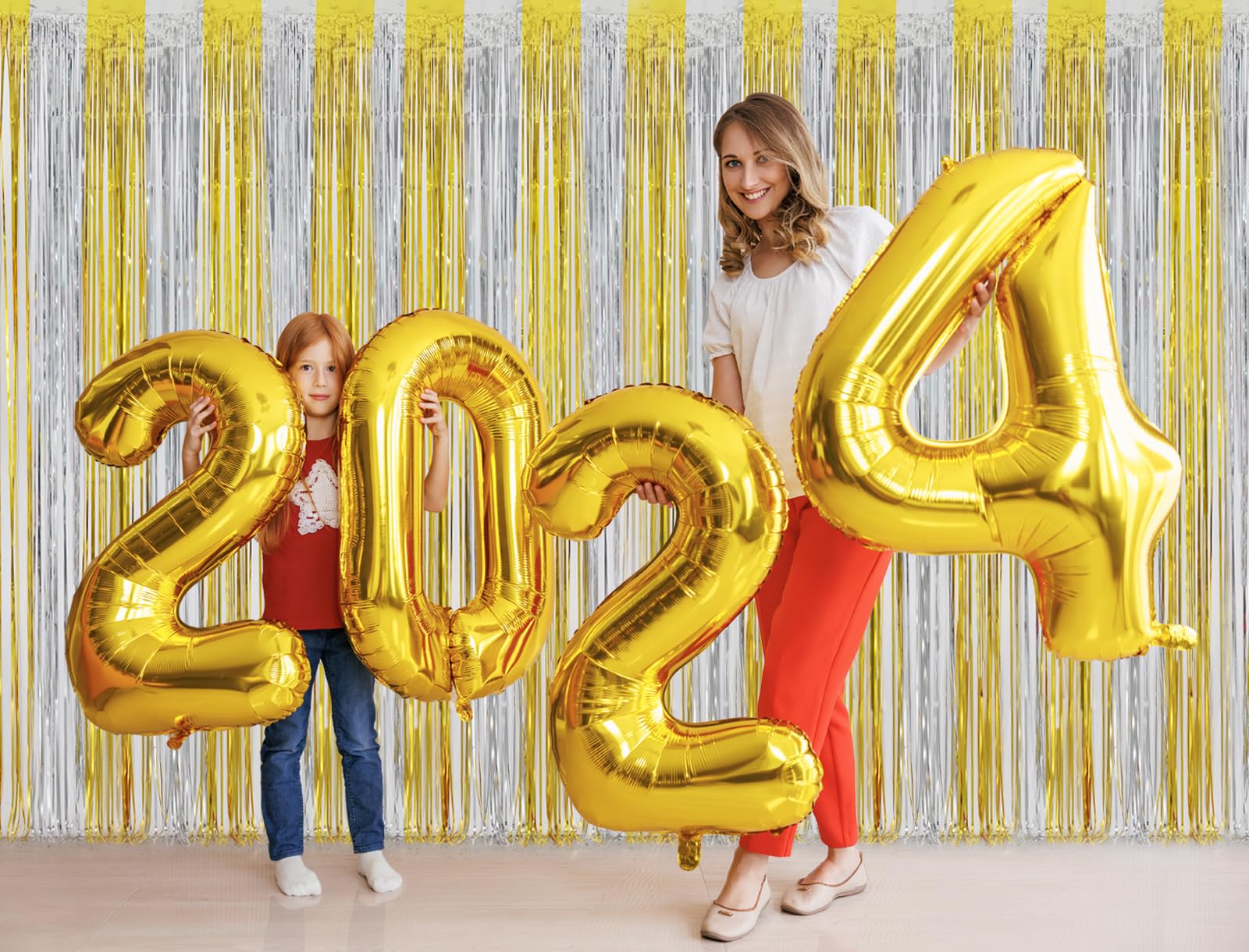 Melsan Gold and Silver Tinsel Curtains - 3.2ft X 8ft Foil Fringe Curtain Photo Backdrop for New Year Eve, Anniversary, Graduation, Birthday Party Backdrop - 4 Packs