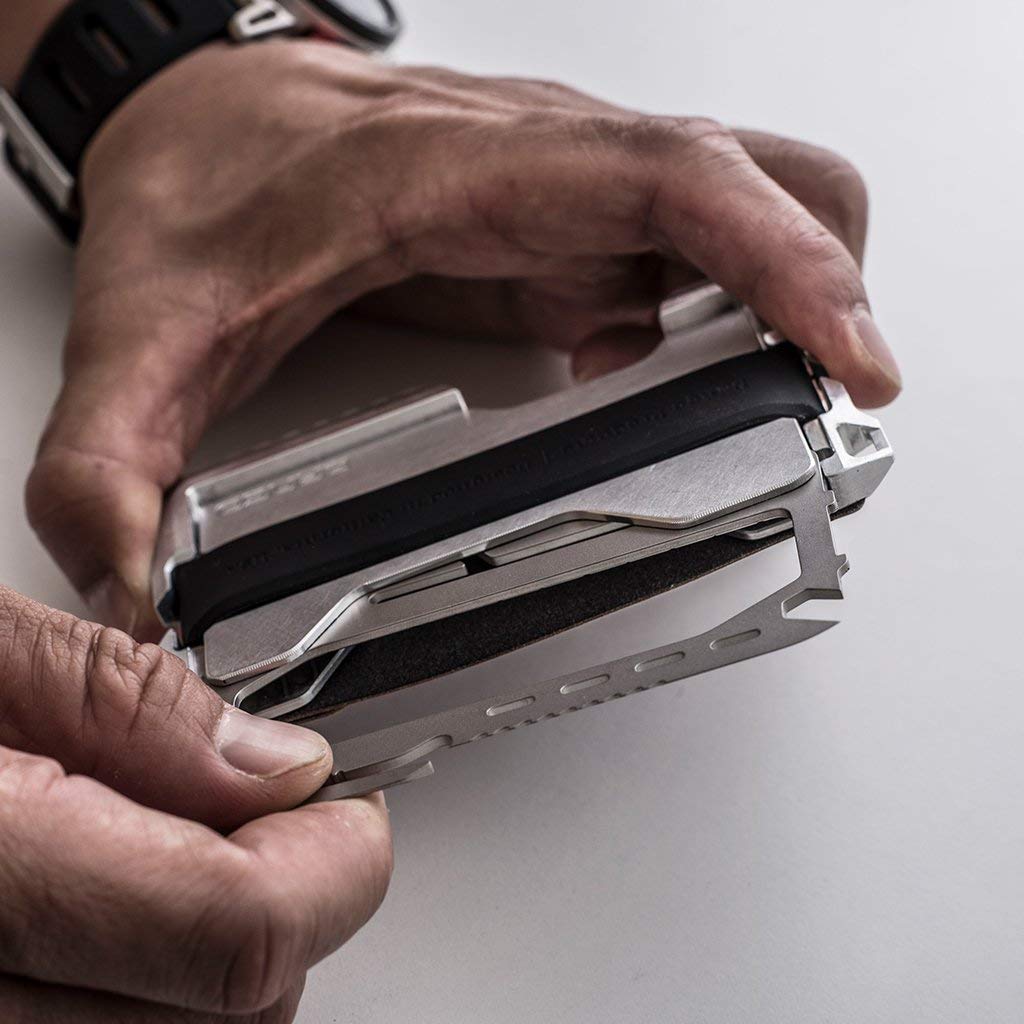Dango Slim Minimalist Wallet for Men - RFID Blocking - Leather + Multi-Tool, Brown Rawhide/Raw Aluminum