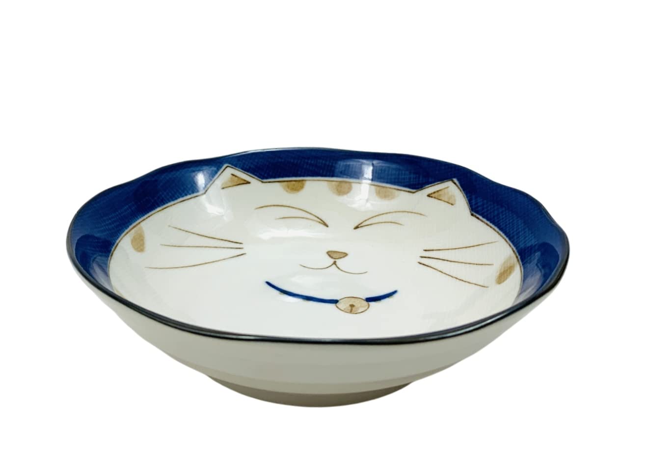 JapanBargain 2562, Japanese Porcelain Shallow Soup Bowl for Dinner Lunch Rice Poke Donburi Udon Ramen Noodle Pasta Cereal Maneki Neko Lucky Cat Pattern for Cat Lovers Made in Japan, 6.75-inch, Blue