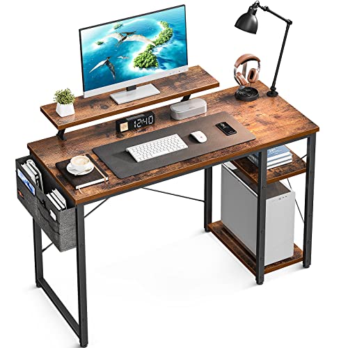 ODK 39 Inch Computer Desk with Monitor Stand and Reversible 2-Tier Storage Shelves, Home Office Desks, Work Study PC Office Desk for Small Spaces, Vintage Desk with Shelves