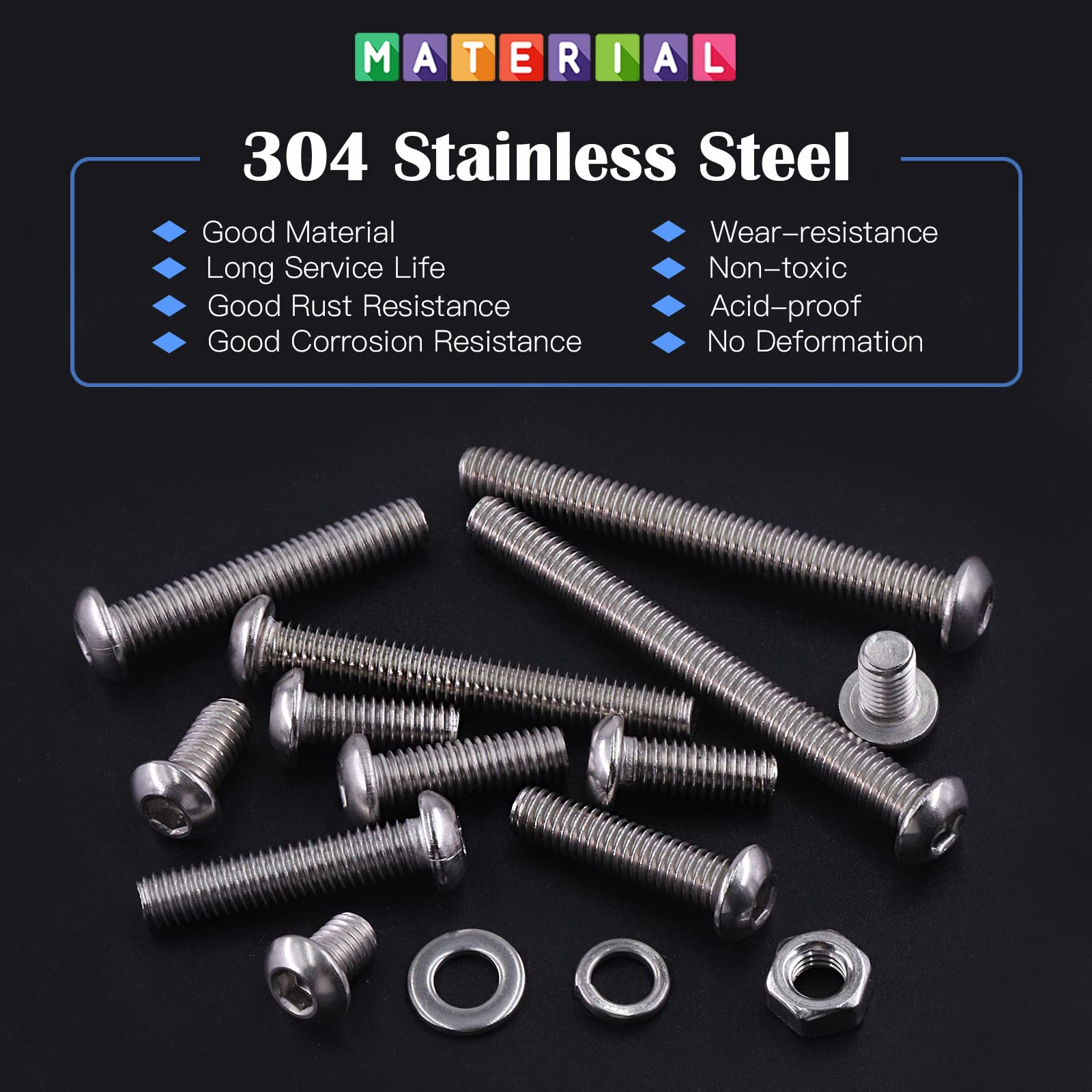Glarks 260Pcs 13 Size M6 304 Stainless Steel Button Head Screws Hex Socket Cap Screws Bolts and Nuts Washers Assortment Kit with Hex Wrench for Machinery Furniture Car Repair