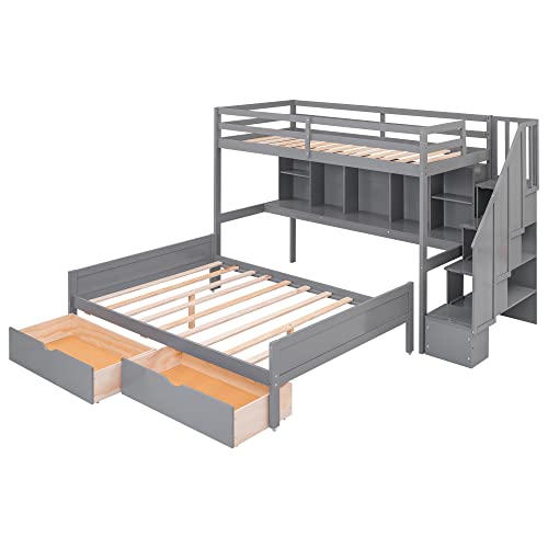 DEYOBED Twin over Full Bunk Bed Wooden Kids Bunk Bed Frame with Storage Shelves Drawers and Staircase for Kids Teens Adults