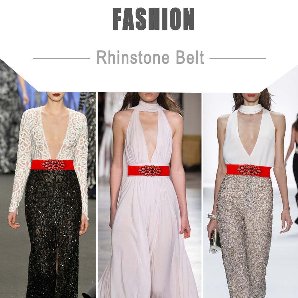 Dorchid Women Rhinestone Belt Crystal Elastic Waist Floral Cummerbund for Dress Red