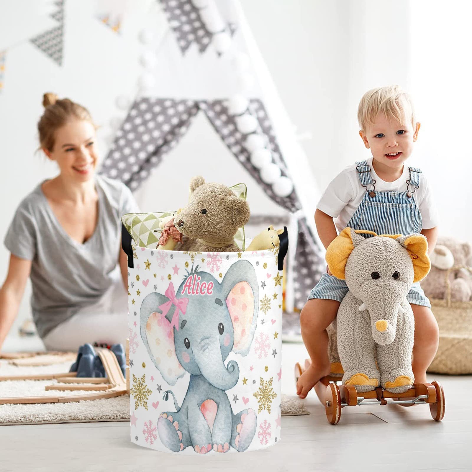 Laundry Basket Customized Name Organizer Storage Round Baskets Foldable Laundry Hamper with Handle for Nursery Bedroom Decor(Gold Snowflake Cute Elephant)