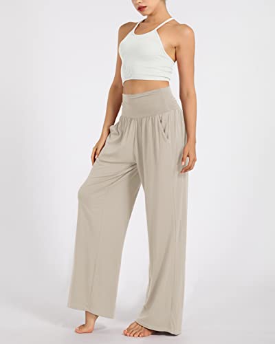 ODODOS Women's Wide Leg Palazzo Lounge Pants with Pockets Light Weight Loose Comfy Casual Pajama Pants-28 inseam, Light Beige, X-Large
