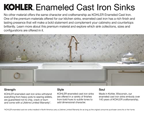 KOHLER K-6486-0 Whitehaven Farmhouse Self-Trimming Undermount Single-Bowl Kitchen Sink with Short Apron, 30 Inch, White
