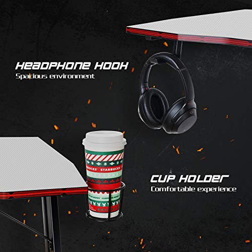 DESINO Gaming Desk 47 inch PC Computer Desk, Home Office Desk Gaming Table Z Shaped Gamer Workstation with Cup Holder and Headphone Hook, White