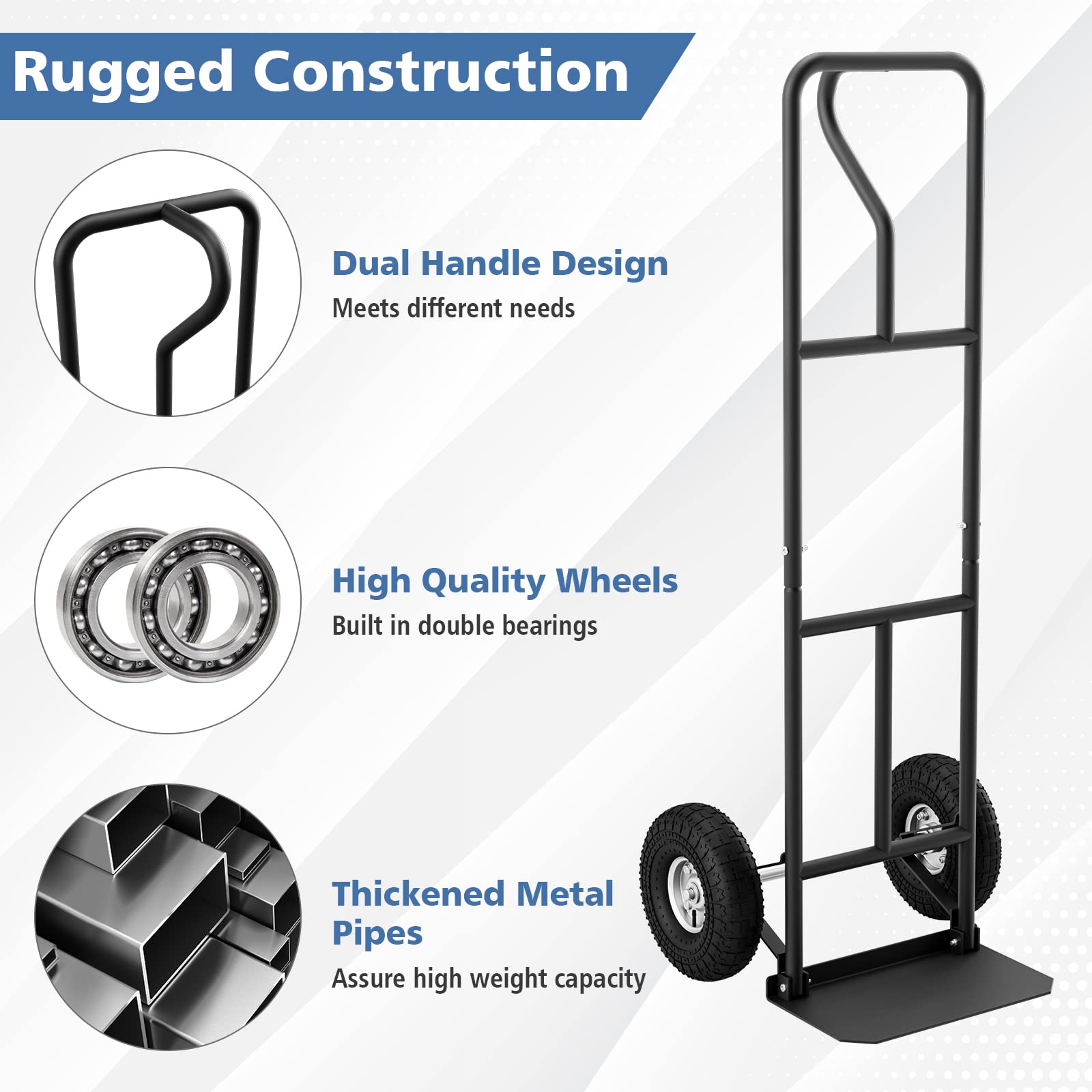 Goplus Hand Truck, P-Handle Hand Truck Dolly w/Vertical Loop Handle, 10β Pneumatic Rubber Wheels, 15βx 8β Foldable Nose Plate, 660LBS Capacity, Heavy Duty Metal Dolly Cart for Lifting, Stairs (Black)