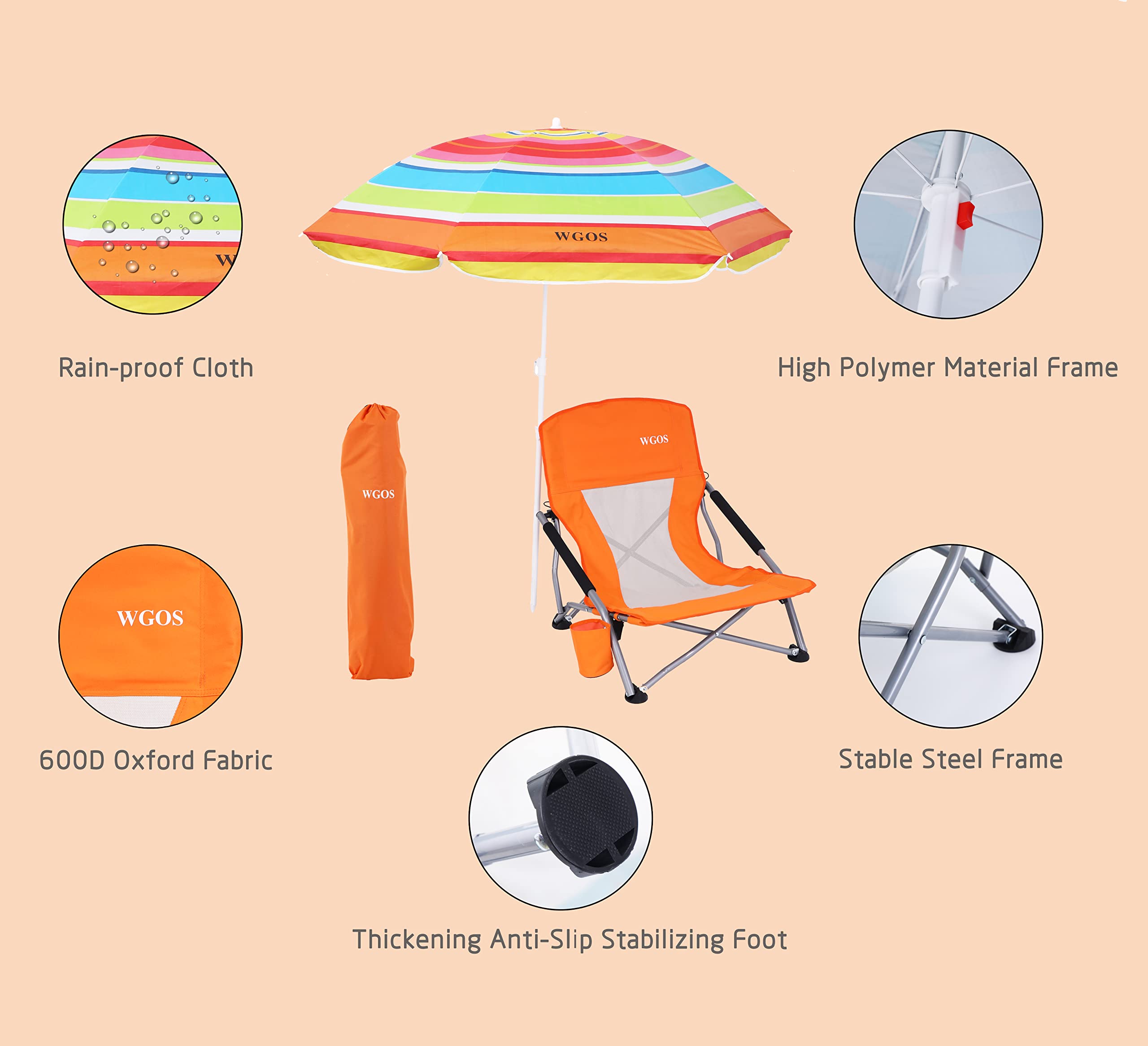 Folding Camping Table Adjustable Card Table 24'' x 16'' (L x W) + Beach Chair with Umbrella for Adults 1-Pack Orange