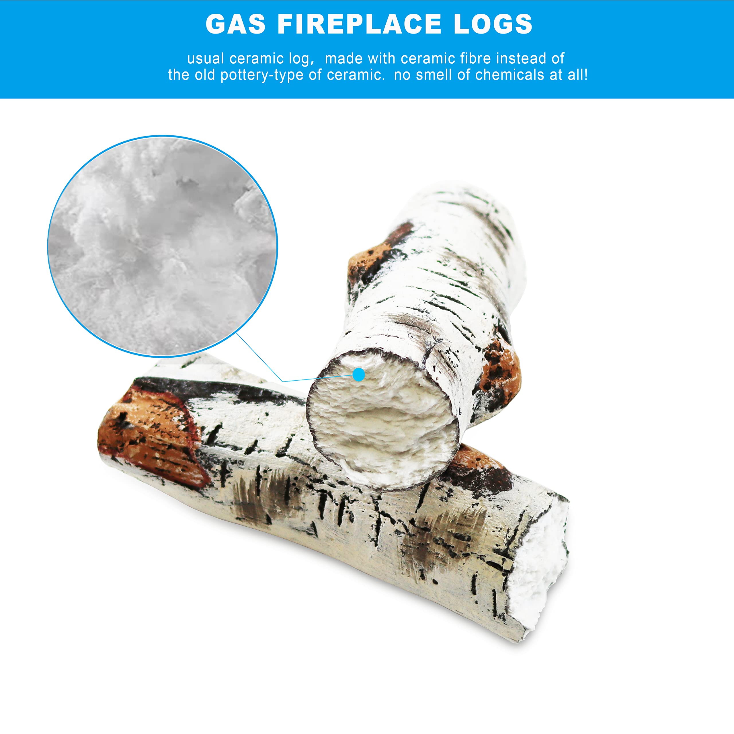 Gas Fireplace Log Set Ceramic White Birch for Indoor Insert, Vented, Propane, Electric Gas Fireplace, Linear Fire Pits Ceramic Fiber, Fireplace Decor Large Birch Logs for Smoke Hollow Grill, 6PCS