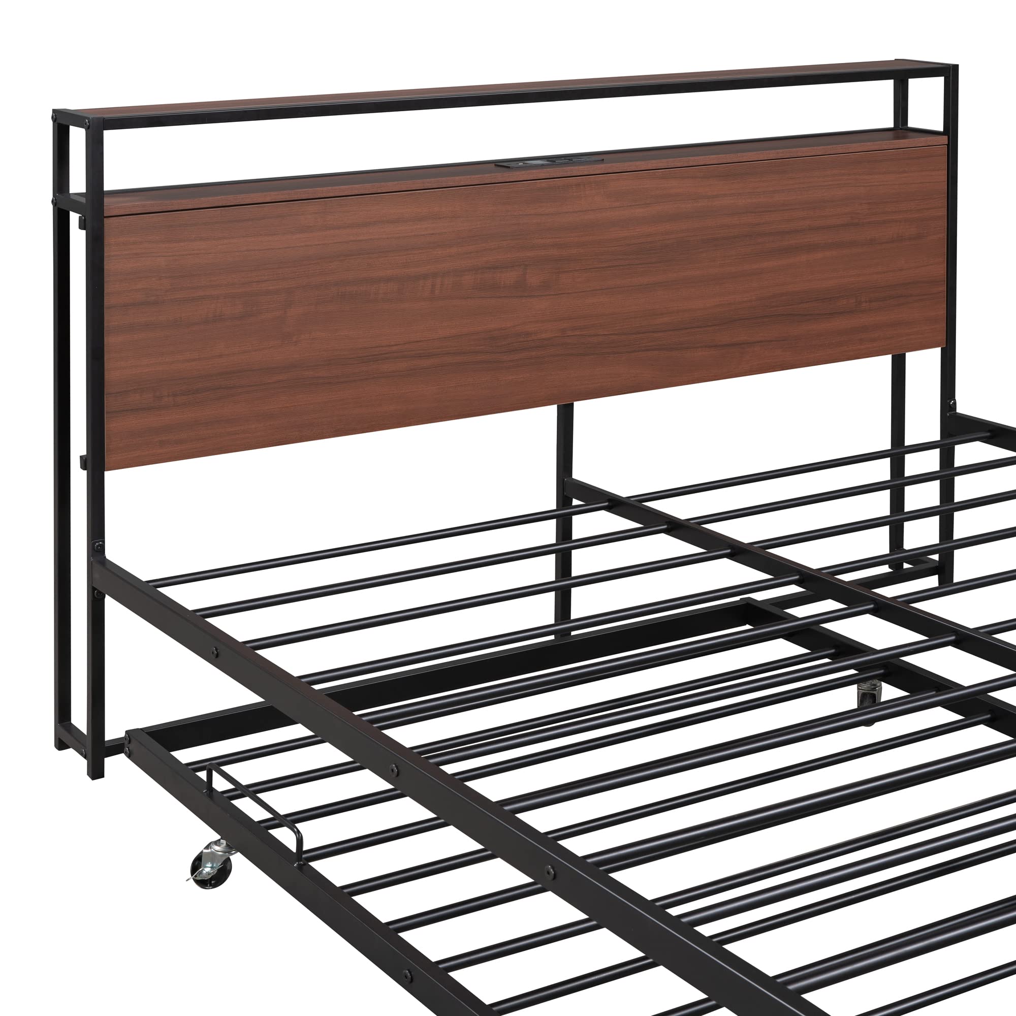 LostCat Queen Bed with Trundle, Metal Bed Frame with Twin Size Trundle, Queen Size Bed Frame with Storage Headboard USB Ports Outlets for Bedroom, Steel Slat Support, No Box Spring Needed, Black