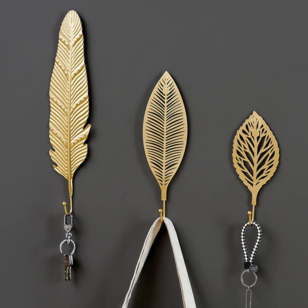 Decorative Leaves Iron Hooks, Set of 4 Leaf Shaped Self Adhesive Wall Shower Curtain Coat Hooks, Modern Key Holder Wall Mounted Metal Iron Gold Single Prong Coat Hanger for Hallways, Living Room