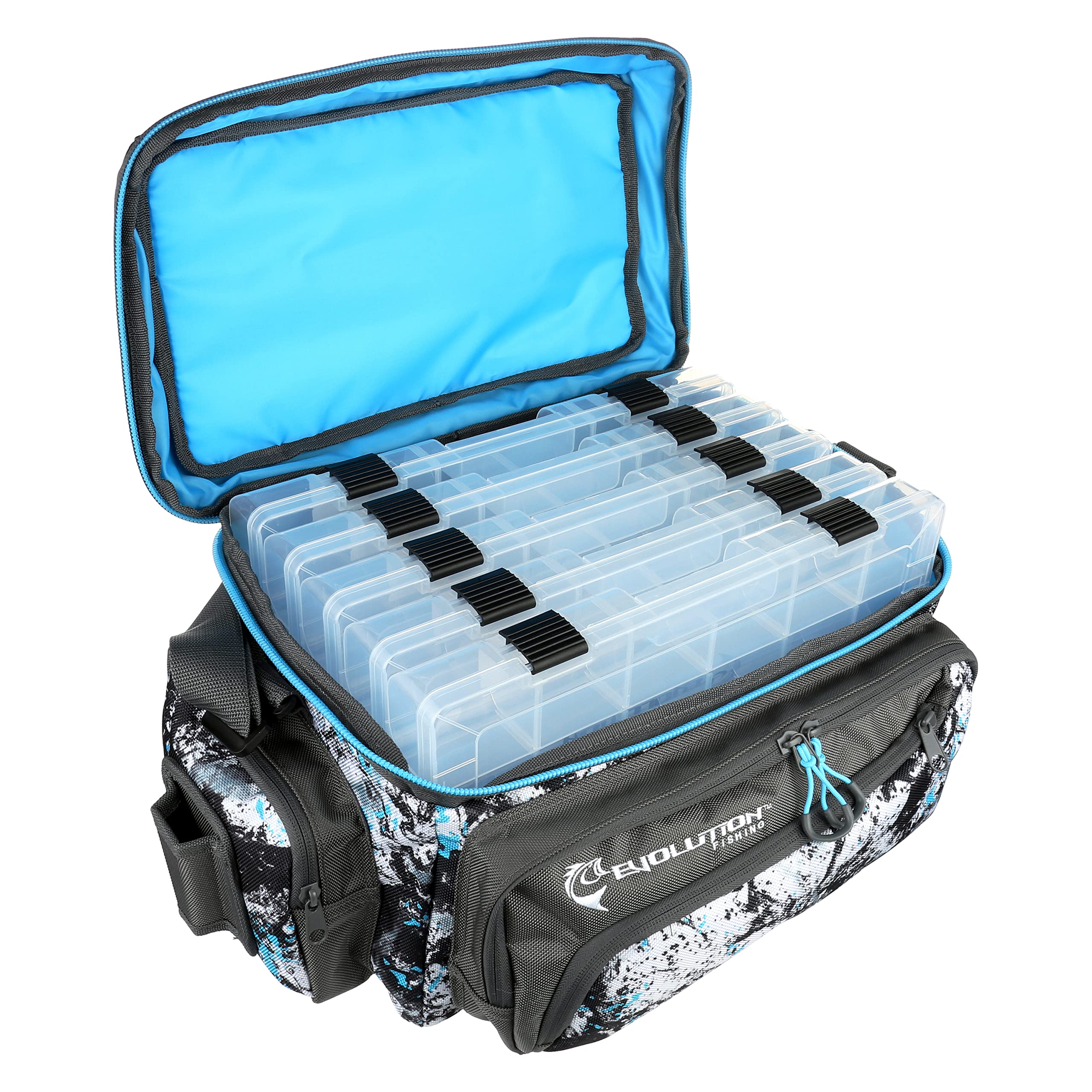 Evolution Fishing Largemouth 3700 Tackle Bag - 19" in, Water Camouflage, Outdoor Carry Bag w/ 3 Fishing Trays, Plier Holster, Tackle Box Storageā¦
