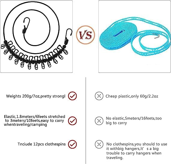 LUKEYLAND Portable Travel Clothesline,Adjustable Elastic Travel Camping Clothes line with 12 PCS Clips and 14 Positioning Clasp Windproof Clothesline Travel Camp(2pcs)