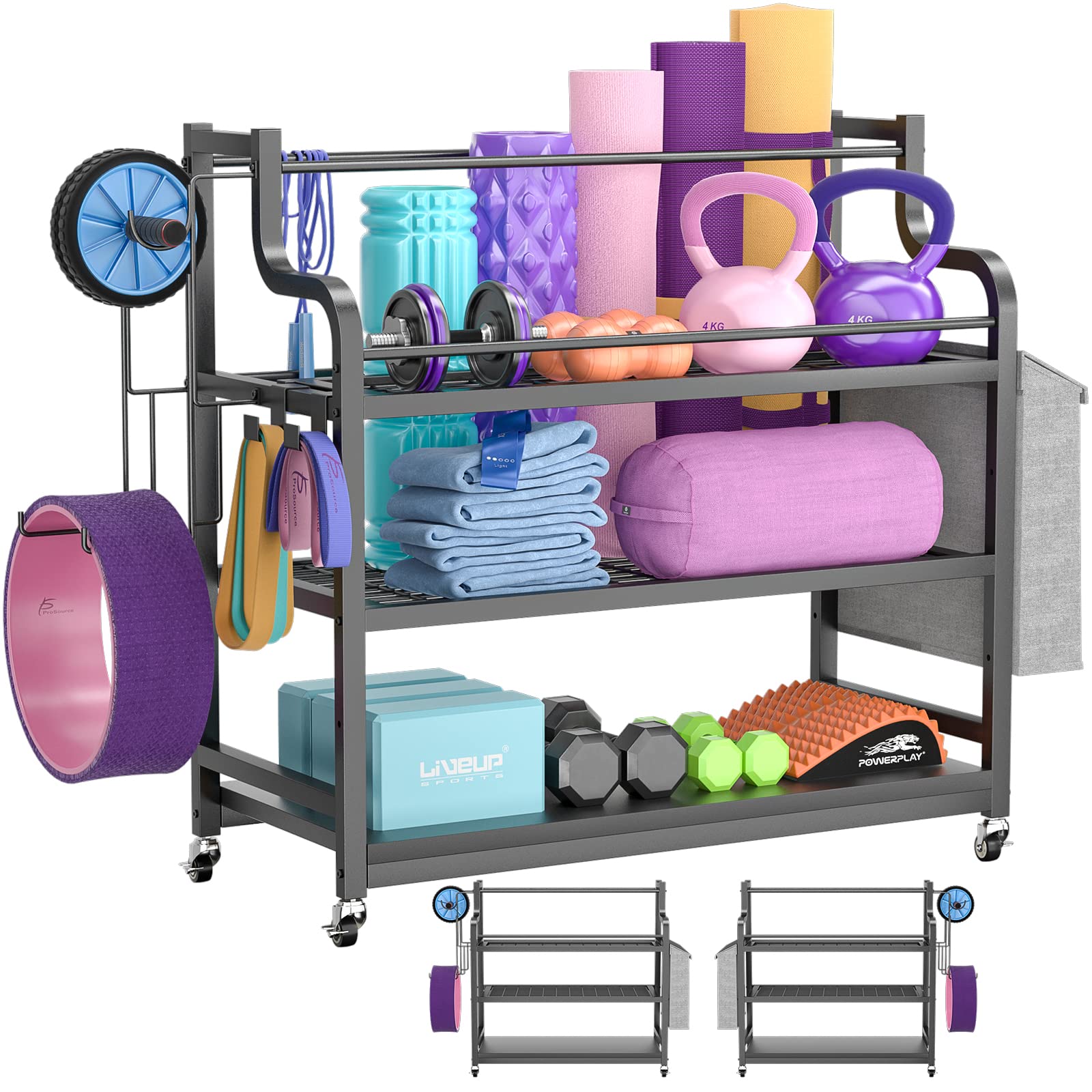 Cyclysio Yoga Mat Storage Racks, Home Gym Storage Rack Workout Equipment Organizer for Dumbbells Kettlebells Foam Roller Resistance Bands with Wheels and Hooks, Dumbbell Storage Rack, Black+Black