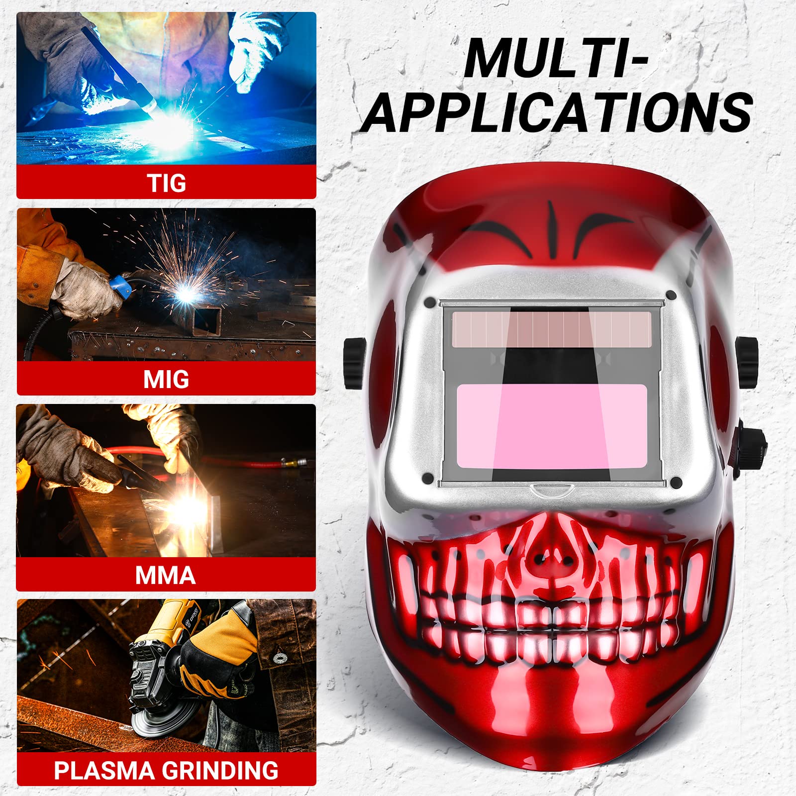 DEKORPO Welding Helmet Auto Darkening: True Color Solar Powered Auto Darkening Welding Helmets Welder Mask Hood (Skull Design)