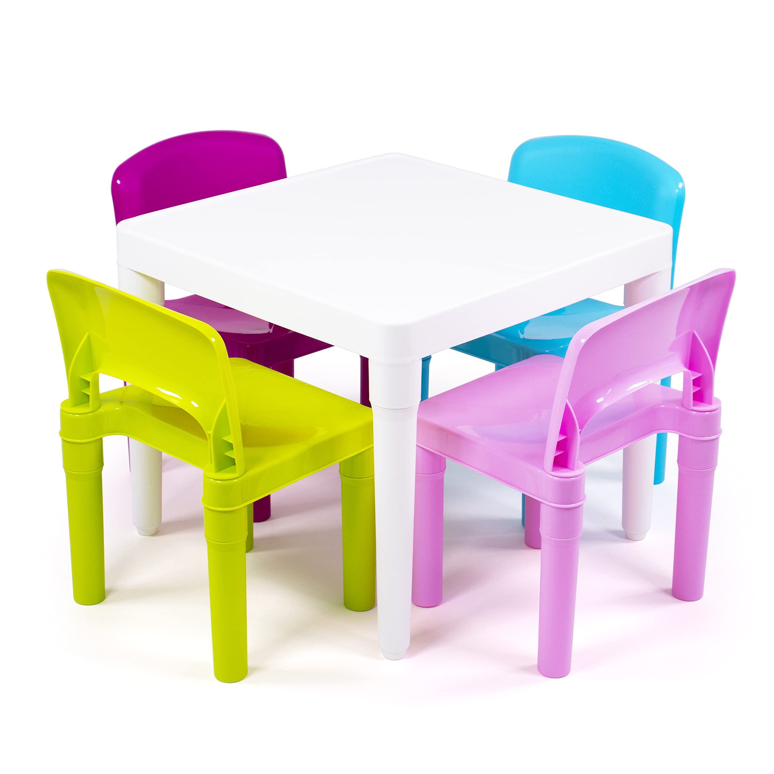 Humble Crew White Table/Pastel Chairs Kids Plastic 4 Set & White/Blue/Pink/Purple Extra-Large Toy Organizer, 16 Storage Bins