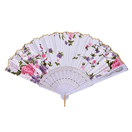 Folding Fan Dance Wedding Party Lace Silk Folding Hand Held Flower Pattern Fan Folding Fan Hand Fanc (Navy) (White)