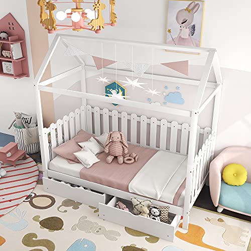 Lifeand Twin Size House Bed with 2 Drawers, Fence-Shaped Guardrail and Sky Roof, Solid Wood Bedframe for Gilrs Boys,White