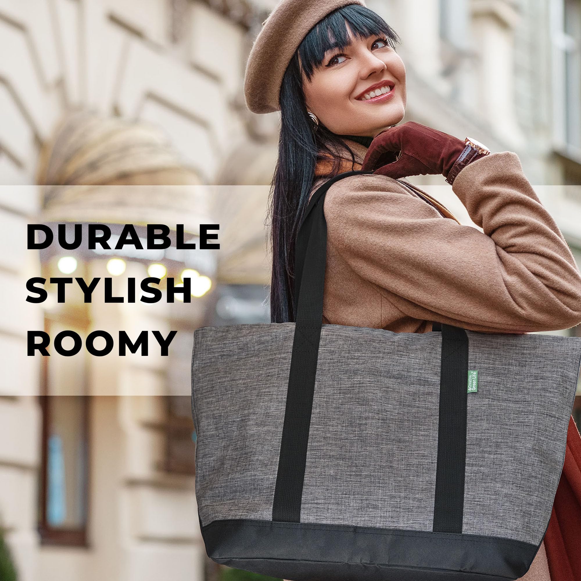 Creative Green Life Extra Large, Sturdy Tote Bag for Women (Gray) | Easy Grip and Extra Large Travel Tote Bag with Zipper | Women Tote Bag for Work