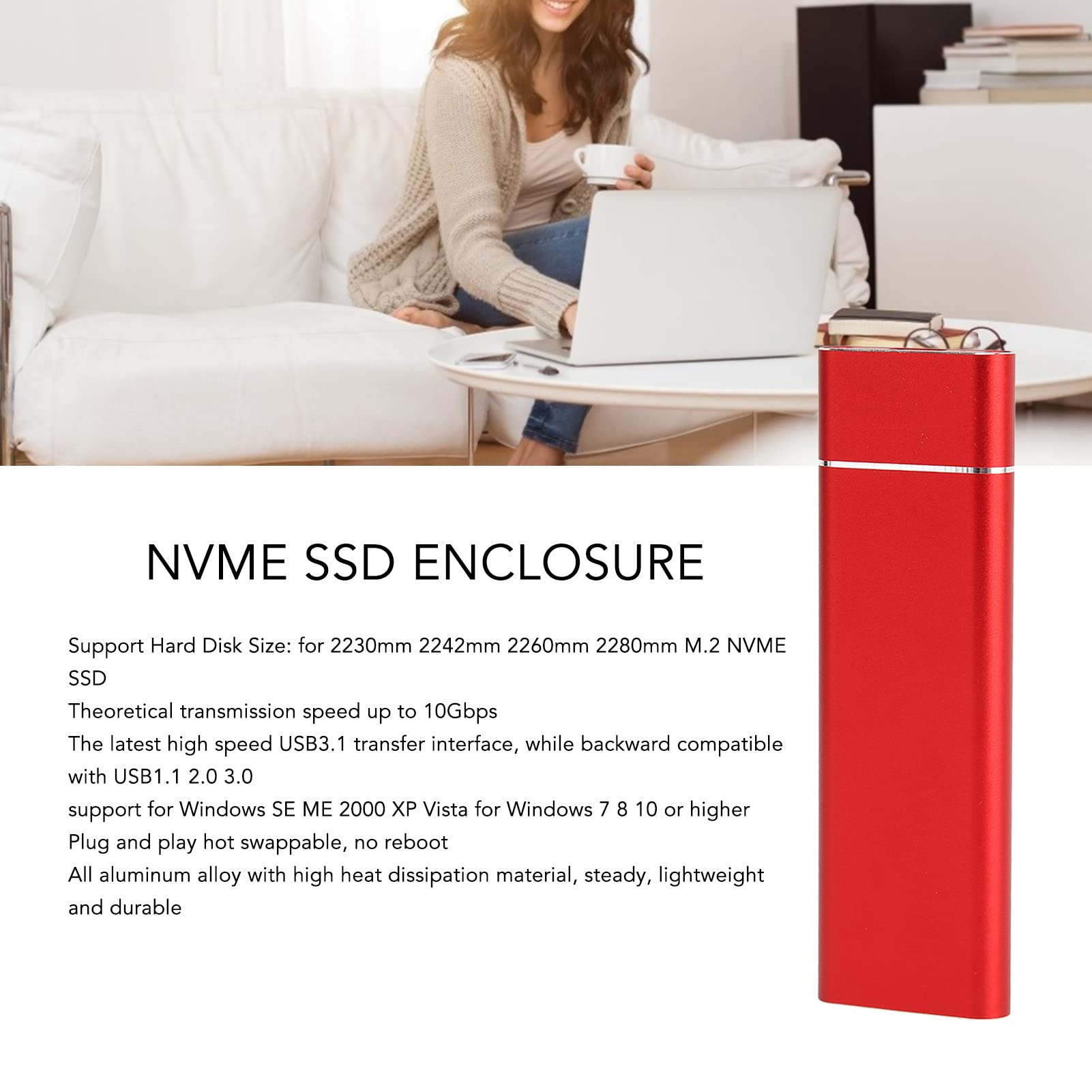 Fast Transfer for SSD Enclosure, High Heat Dissipation NVME SSD Enclosure 2242mm (Red)