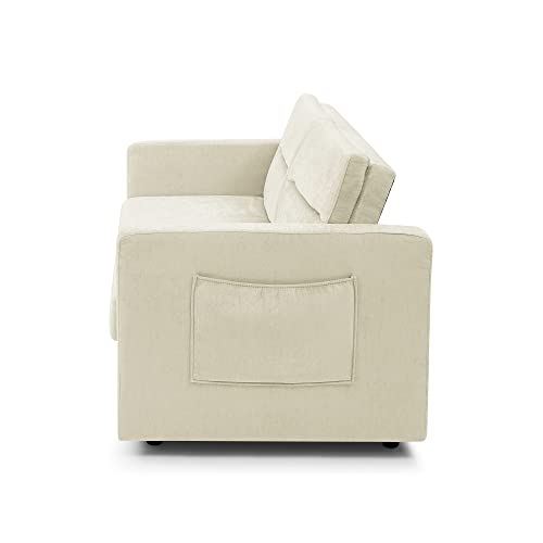 Linen Upholstered Loveseat Sleeper Sofa w/Side Storage Pockets, 54.5" 2-Seaters Sofá with Pull-Out Couch Bed with 2 Pillows & Adjustable Backrest for Living Room Apartment Office Small Space, Beige