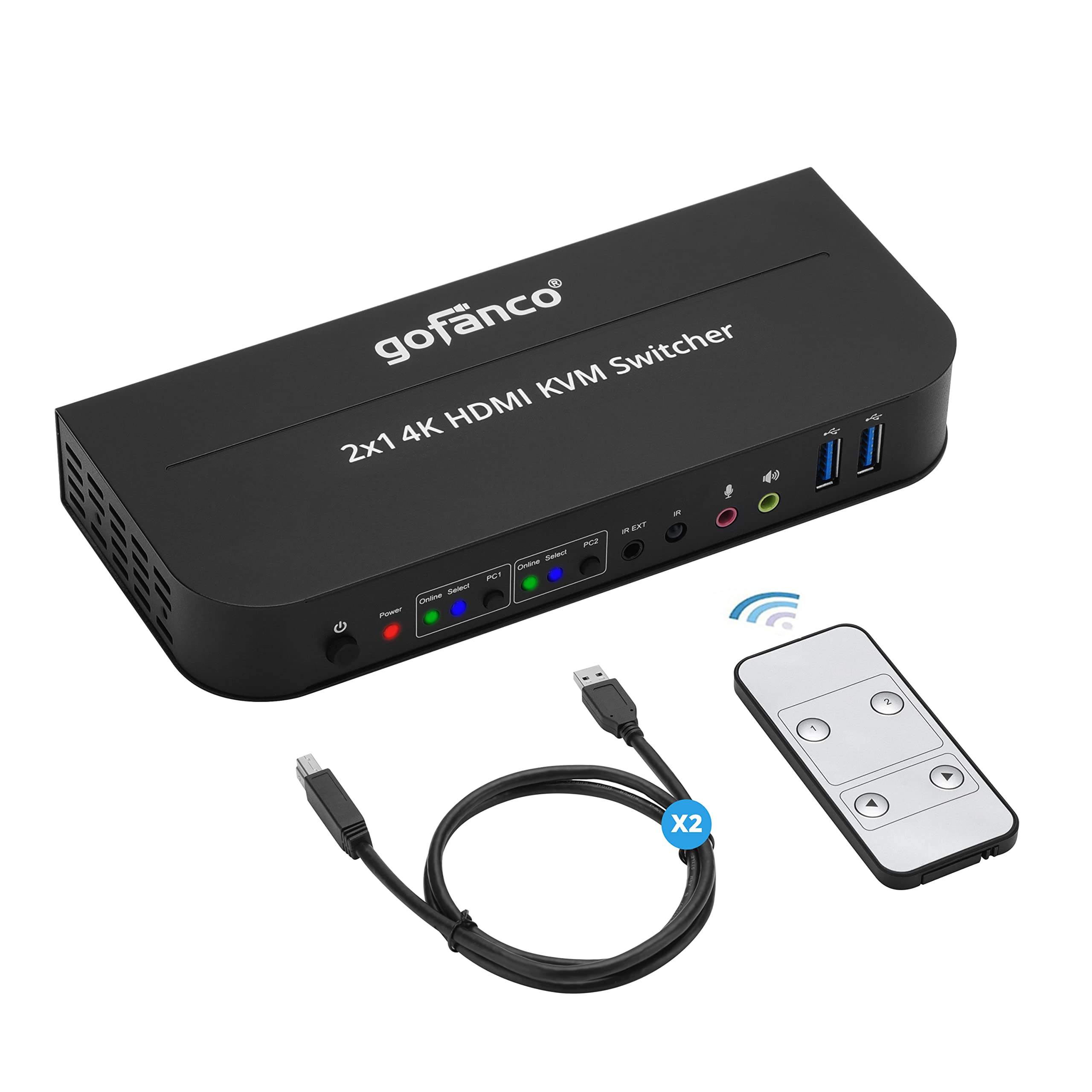 gofanco 4 Port HDMI KVM Switch with USB 3.0 – 4K @60Hz 4:4:4, 18Gbps, HDR, 3D, HDCP 2.2/1.4, USB Keyboard/Mouse, USB 3.0 Hub, MIC in, Stereo Out, IR Remote, Hotkeys (KVMHD2-4P)