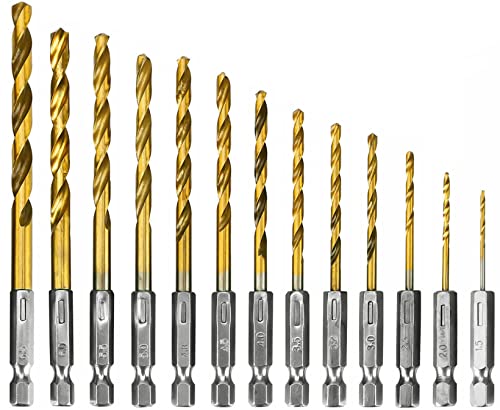 Titanium Twist Drill Bit Set - 13 Pcs Hex Shank High Speed Steel， Premium 4341 HSS Titanium Impact Hex Drill Bits for Wood, Steel, Metal, Plastic, Quick Change Design (1/16”-1/4”)