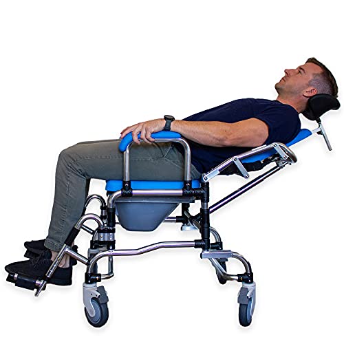 Laguna Professional Reclining Shower Chair with Wheels, Institutional Quality Adjustable Tilting Commode Seat for Shower and Bathtub for Elderly, Seniors, and Disabled, Padded Seat, Back, Armrests