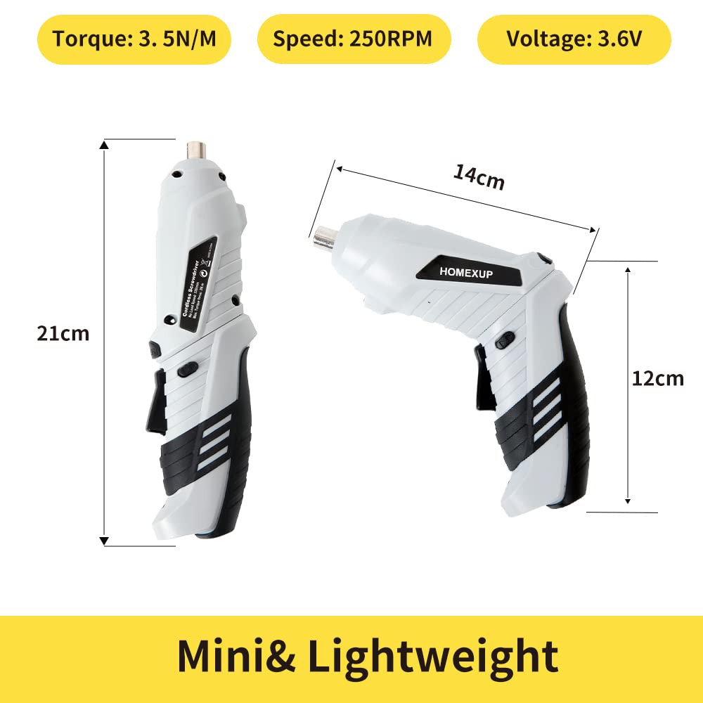 HOMEXUP Electric Screwdriver, 3.6V Cordless Screwdriver Rechargeable with 45pcs Screw Driver Bit Set, Front LED Light, Extension Rob, Micro USB, Carrying Case, Easy for Small Home Projects(Gray)
