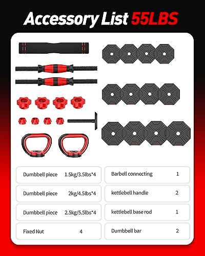 Loupusuo Adjustable Dumbbell Set 55LBS/70LBS Free Weights Set with Connector, 4 in1 Dumbbells Set Used as Barbell, Kettlebells, Push up Stand, Fitness Exercises Home Gym Workouts for Men/Women(55LBS)