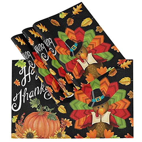 Wusikd Happy Thanksgiving Pumpkin Turkey Sunflower Placemats Set of 4 Table Mat Autumn Leaf Place Mat Non Slip Stain Heat Resistant Double-Sided Print 12" x 18" Dining Home Kitchen Table Decoration