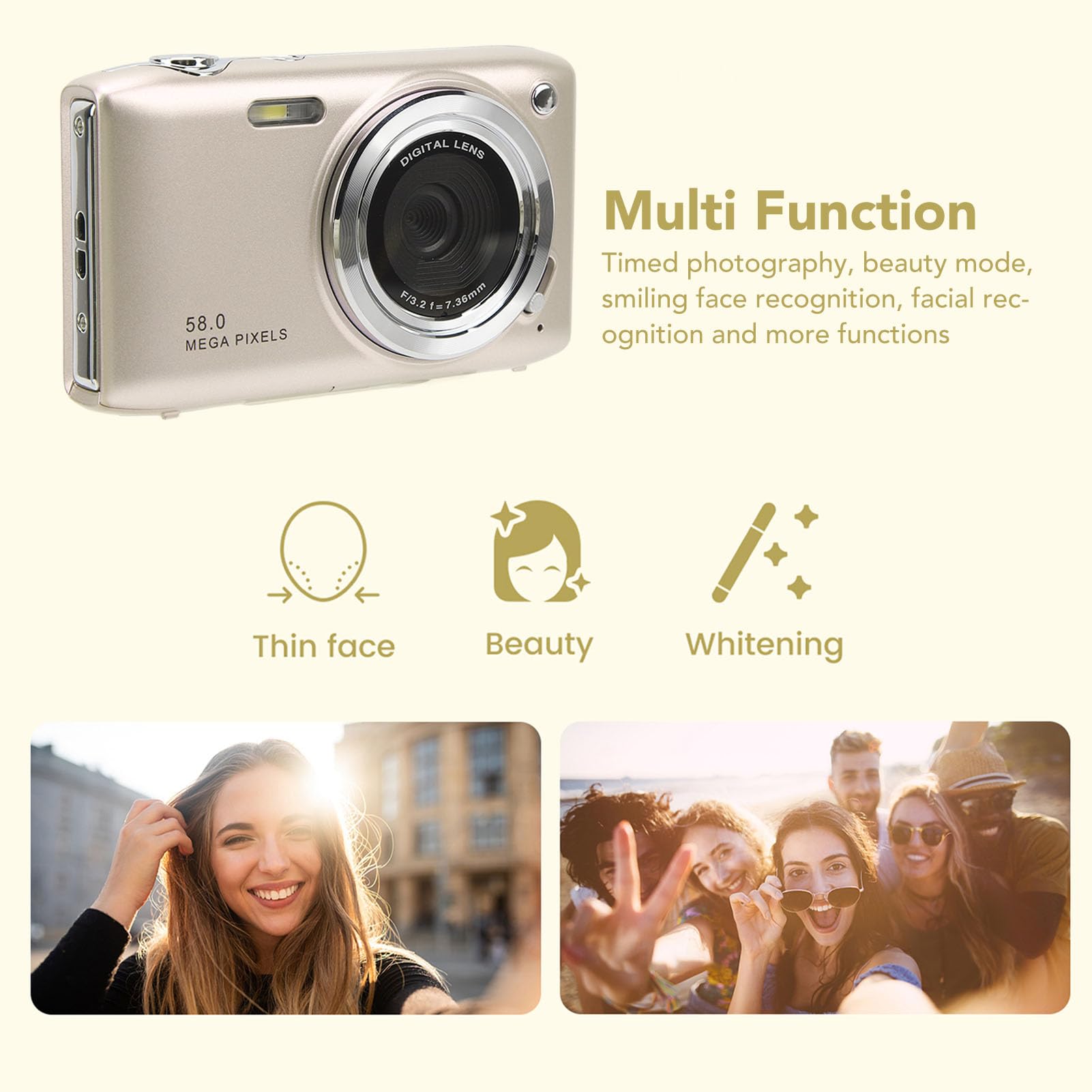 Digital Camera, 58MP 4K Digital Camera with 16X Zoom, 2.88 Inch HD Screen, Timed Photography, AF Autofocus, Portable Camera for Christmas Birthday Gifts (Gold)
