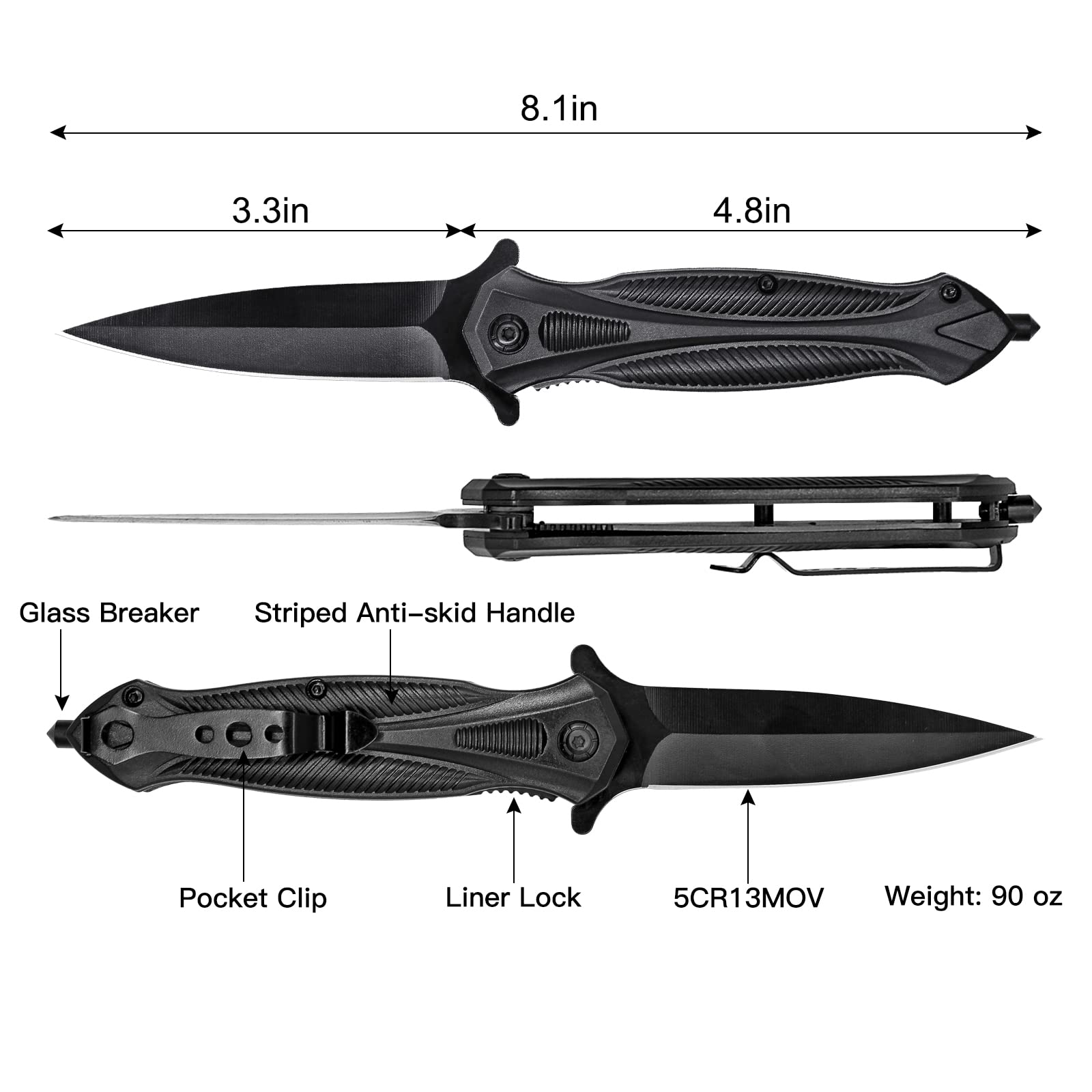 Dedilion Stainless Steel Folding Knife, Pocket Knife with Comfortable Non-slip Handle for Outdoor, Hunting, Tactical, Survival