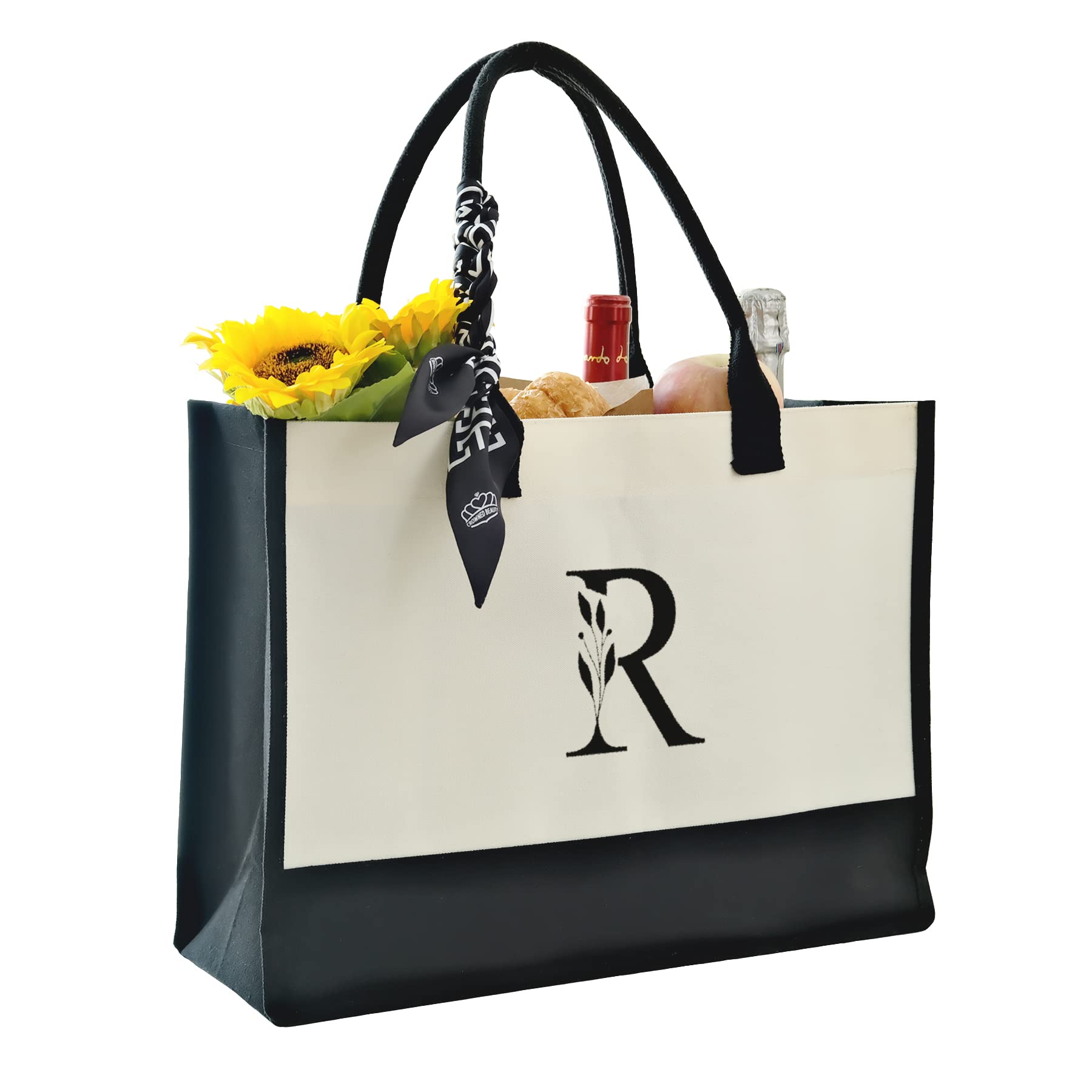 CROWNED BEAUTY Canvas Tote Bag with Zipper Pocket, Personalized Birthday Gift for Women, Embroidery Initial Letter R Bag for Vacation Beach CT43-R