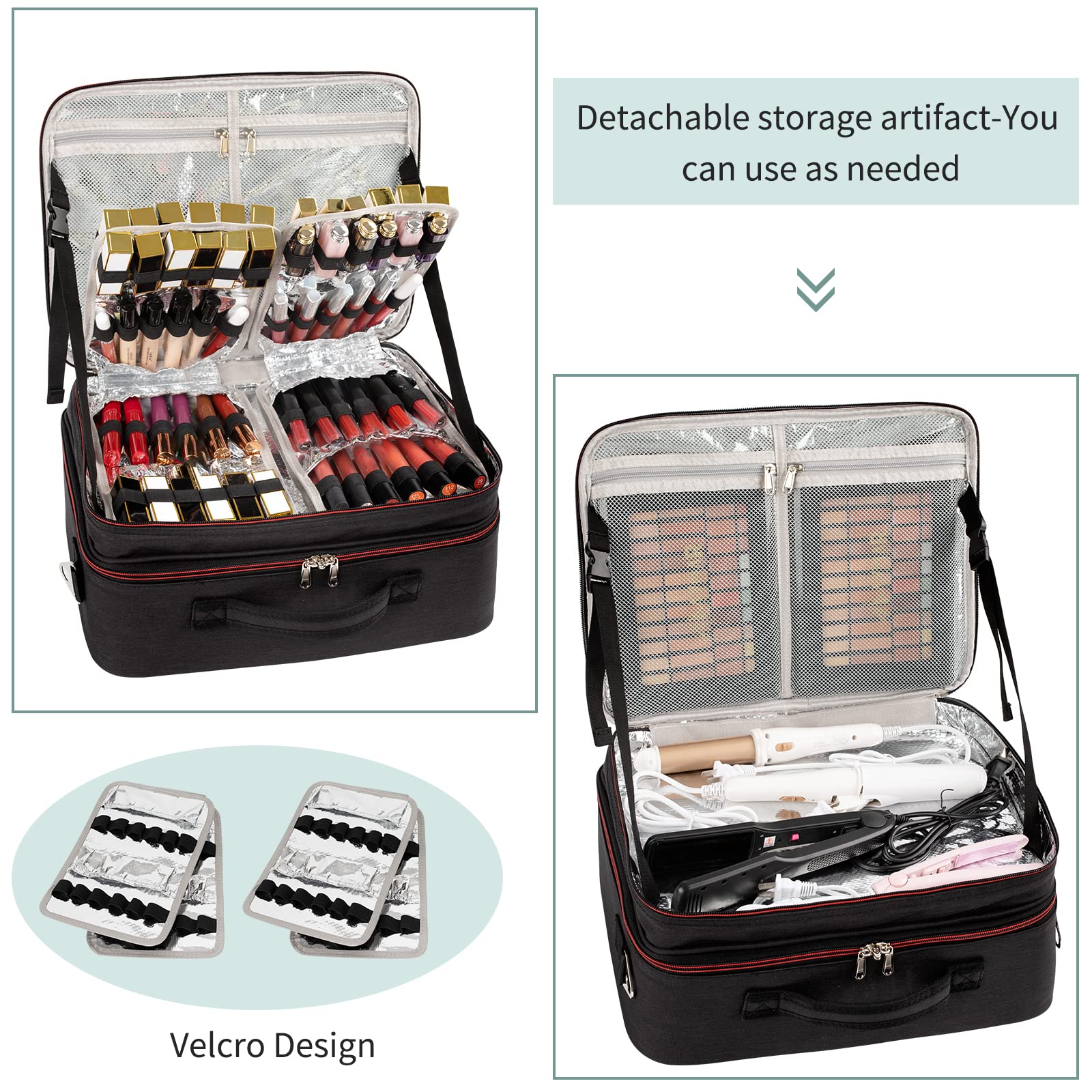 Extra Large Makeup Case, Makeup Bag Organizer Travel Cosmetic Case Portable Artist Storage Bag with Washable Plastic Divider and Heat Insulation Layer For Lipstick Makeup Toiletry Accessories Black