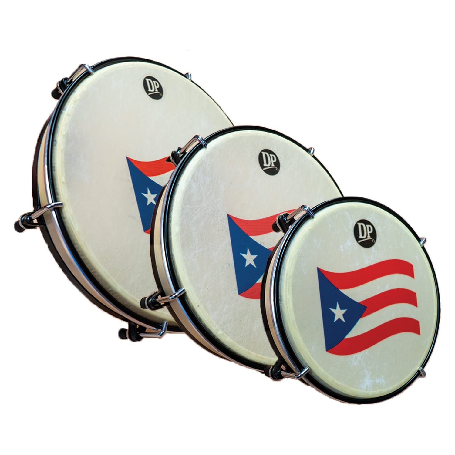 DP Music Set de Panderos - Wood Shell Frame Pleneras Drums with Puerto Rico Flag - Nylon Carrying Case Included