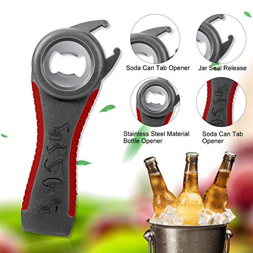 Jar Opener 4&5 in 1 Can Opener Set,Multifunctional Can Opener Kitchen Gadgets,Bottle Opener Kit with Silicone Handle Openers for Arthritic Hand&rubber Jar Opener for Week Hands (Red)