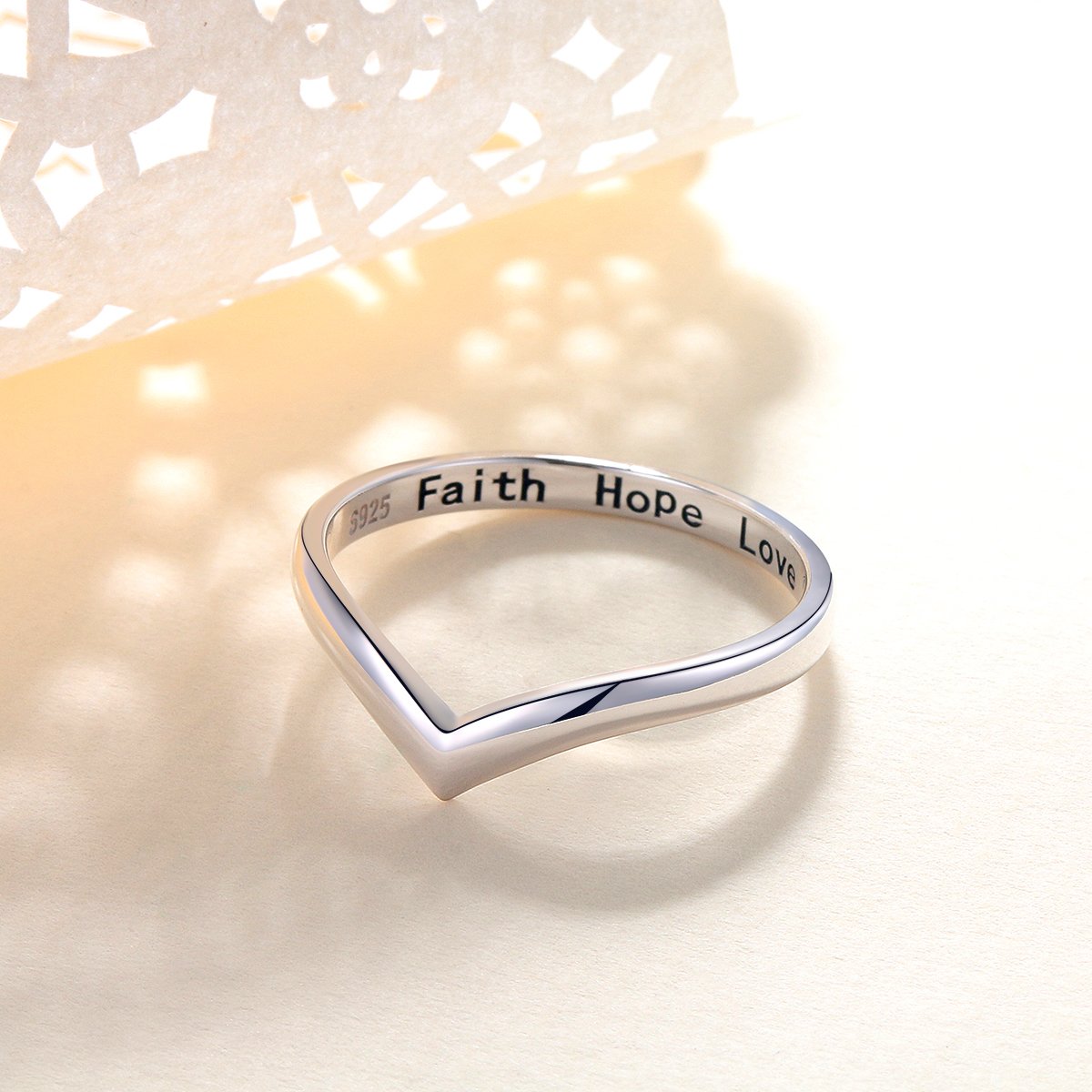 DAOCHONG S925 Sterling Silver Inspirational Jewelry Engraved Faith Hope Love Chevron Thumb Ring V Shape Ring Size 7