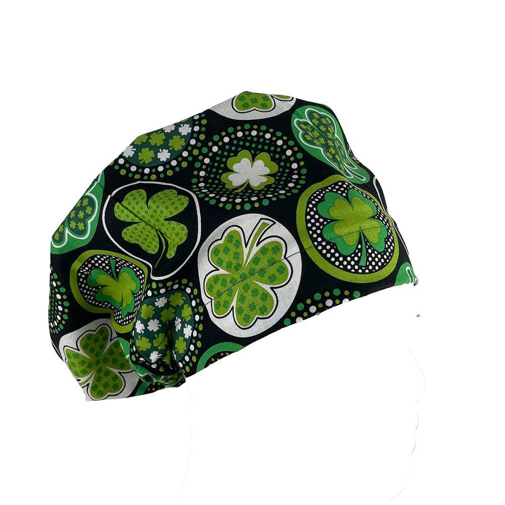 European Style No Ribbon –Saint Patrick’s Clovers and Dots, Turn Up Ponytail Medical Scrub Cap, Scrub Hat for Women & Men tie Back | Working Cap with Holder. Nurses Hats | Dr. Hats