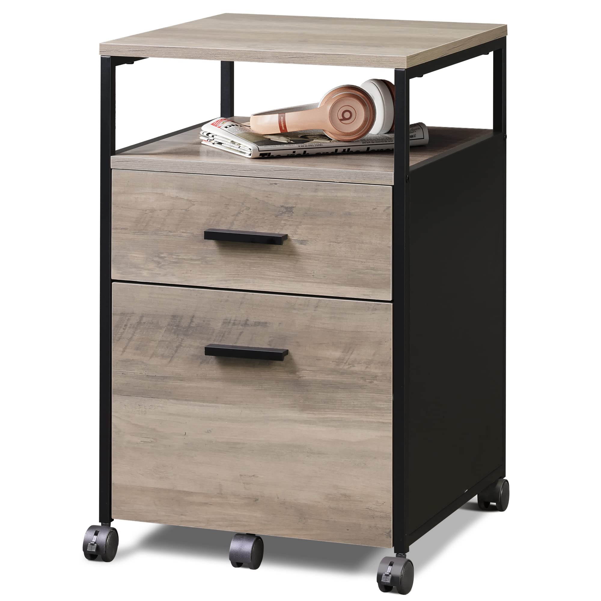 DEVAISE 2 Drawer File Cabinet, Mobile Printer Stand with Open Storage Shelf, Wood Filing Cabinet fits A4 or Letter Size for Home Office, Greige