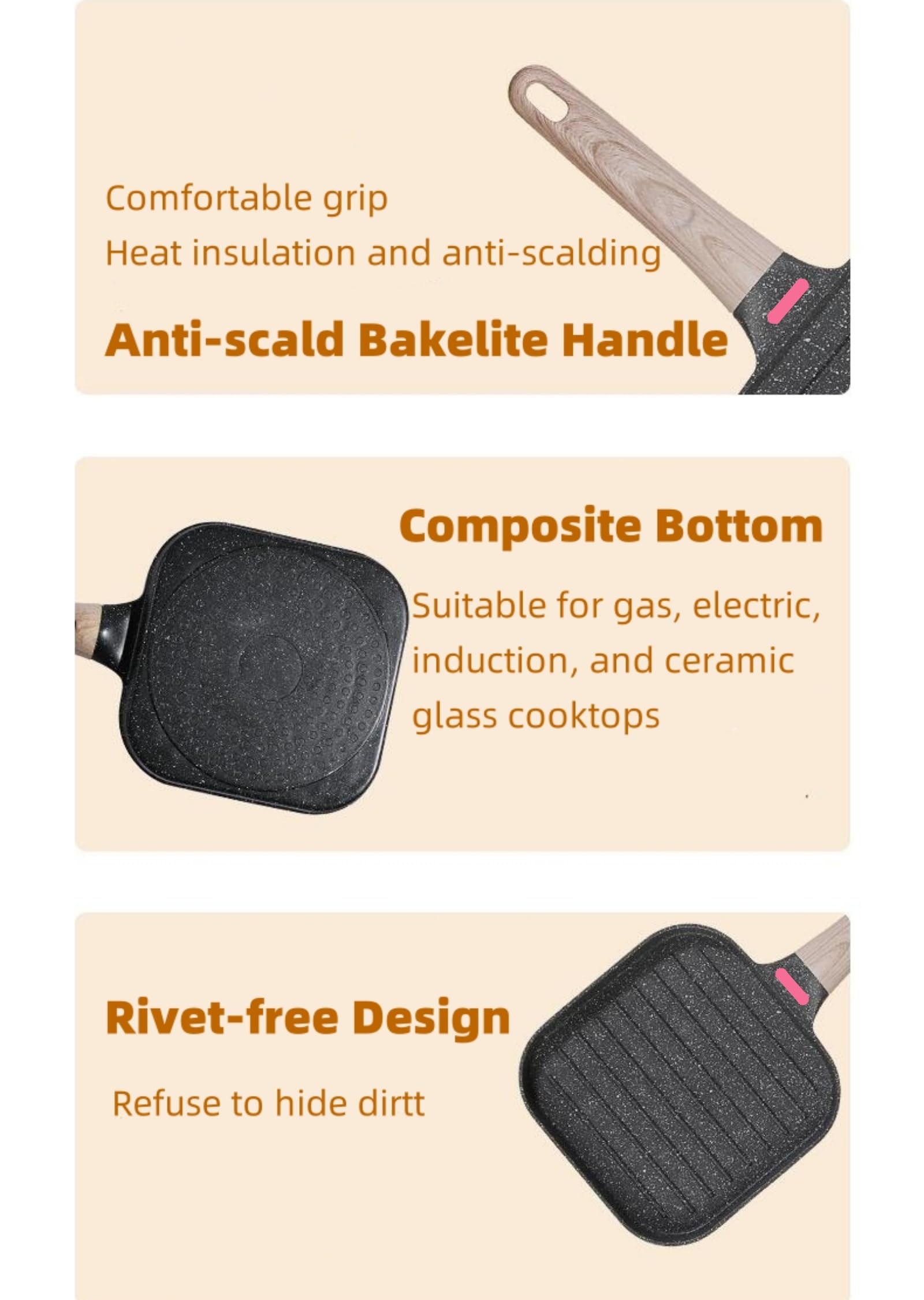 HUPECHAM Grill Pan MINI Size19cm/7.5 Inch For Indoor Cooking Non-Stick Granite, Griddle Pan For Stove Top, Steak Pan For Stove Top, Aluminum Skillet Griddle, Single Serve