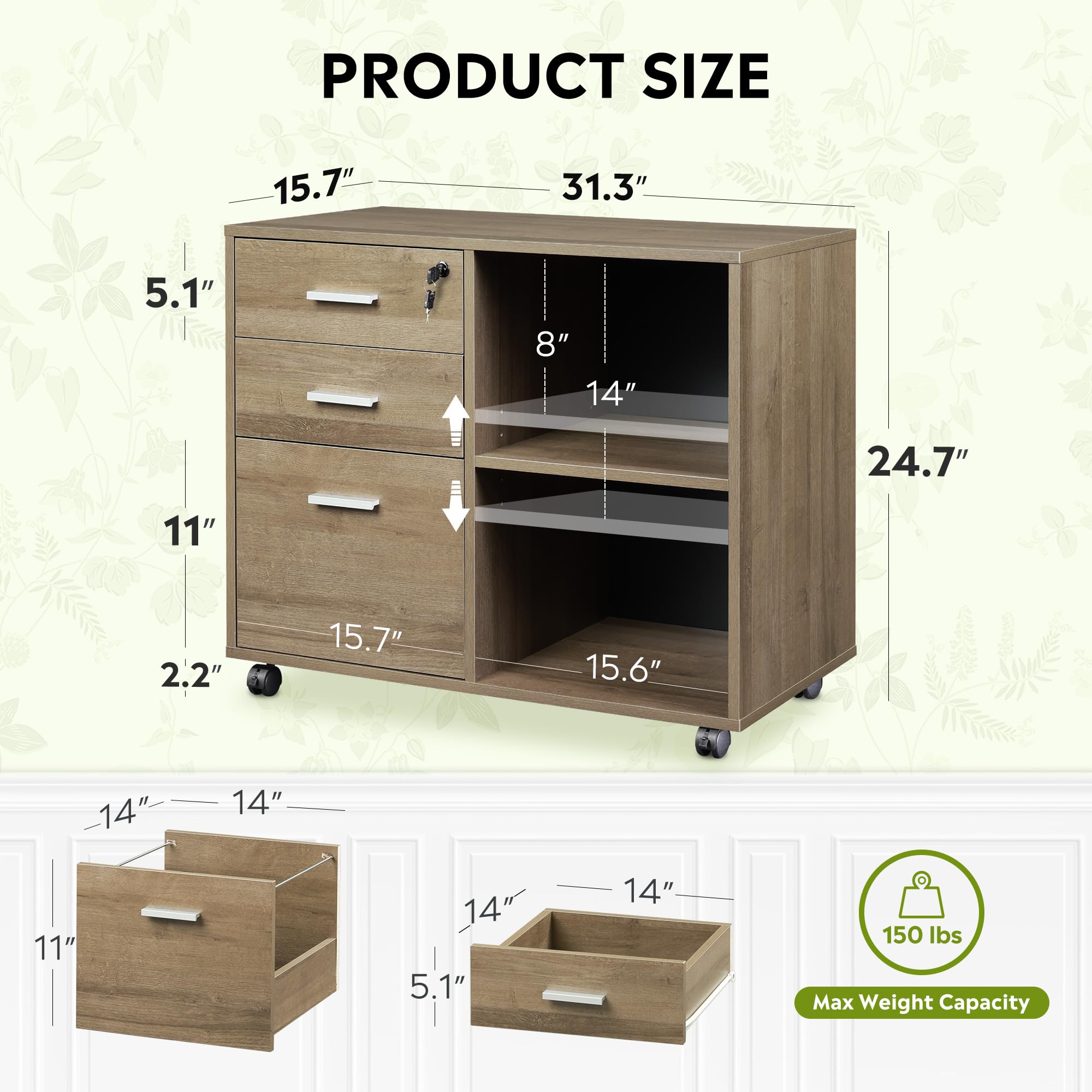 DEVAISE 3-Drawer Wood File Cabinet with Lock, Mobile Lateral Filing Cabinet, Printer Stand with Open Storage Shelves for Home Office, Gray Oak
